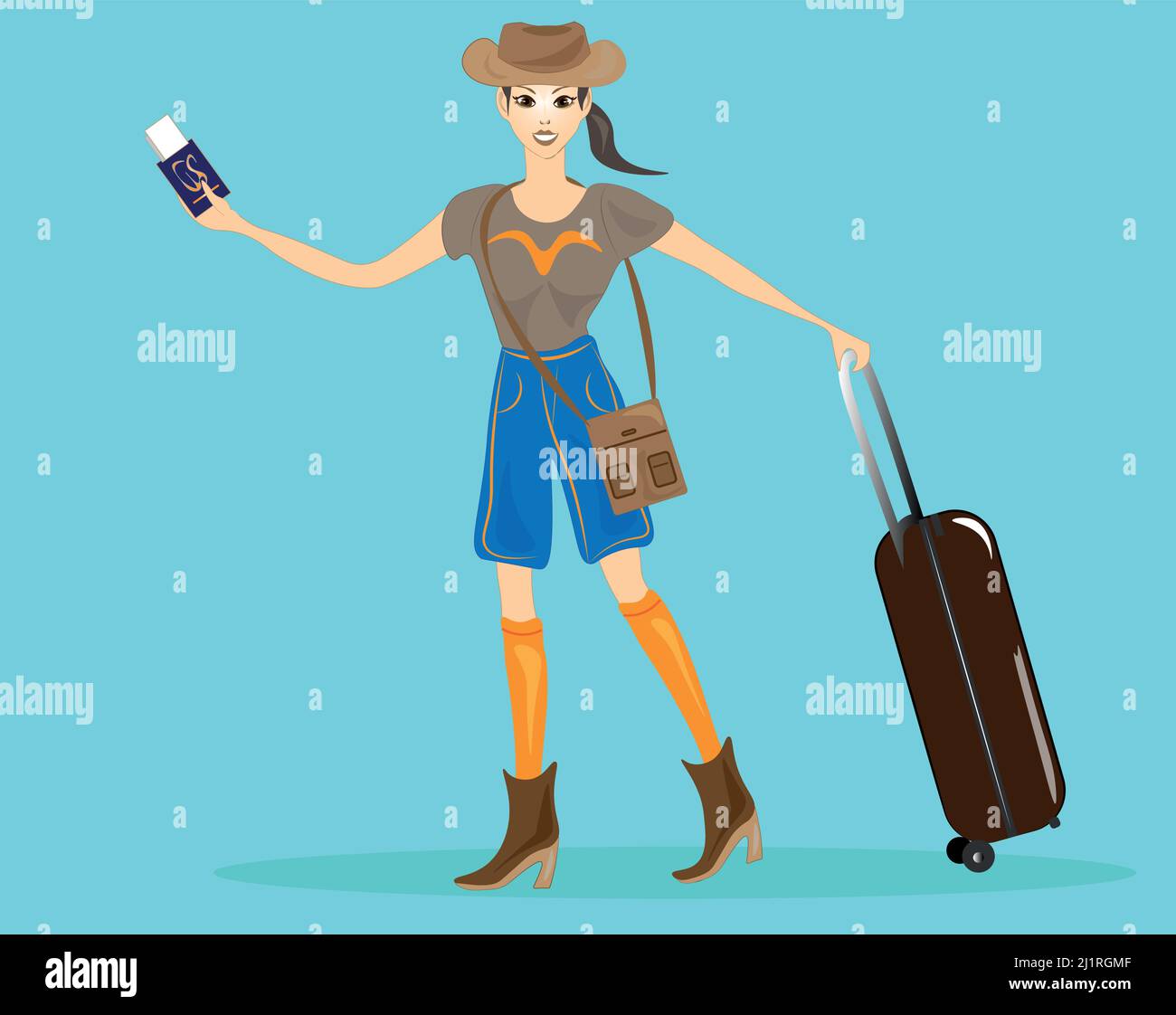 Illustration of a charming travel lady.Smiling Lady holds a passport ...