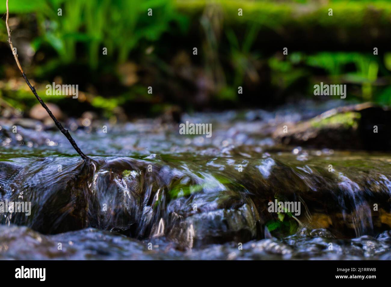 Beautiful stream flowing downward with log overhanging just upstream ...