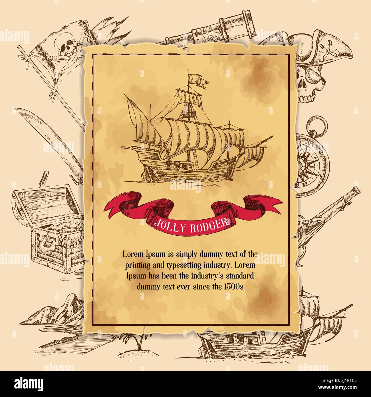 Hand drawn pirates elements with ships flags and treasure chest images ...