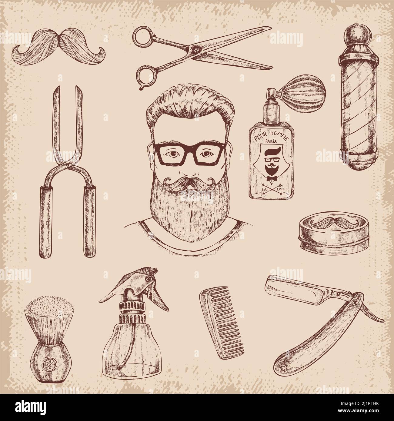 Hand drawn barber hipster character head and elements set with various ...