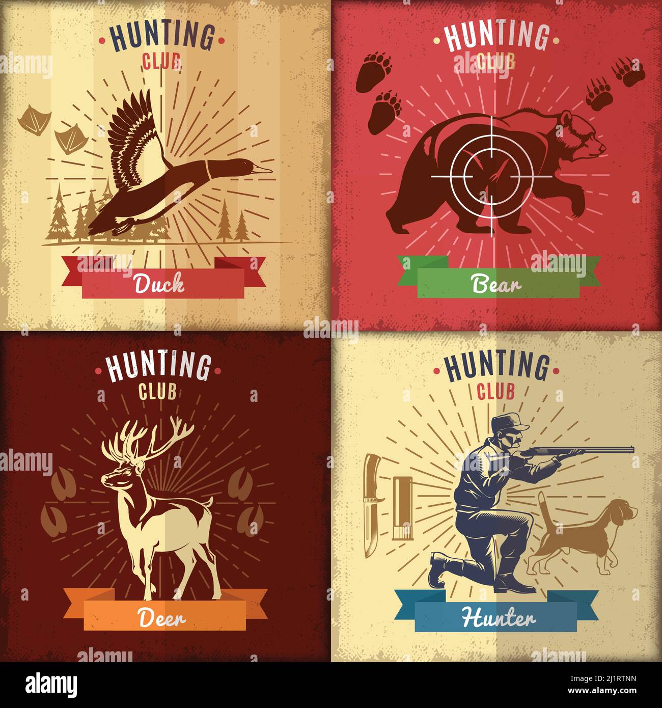 Hunting club emblems set with different wild animals hound and hunter ...