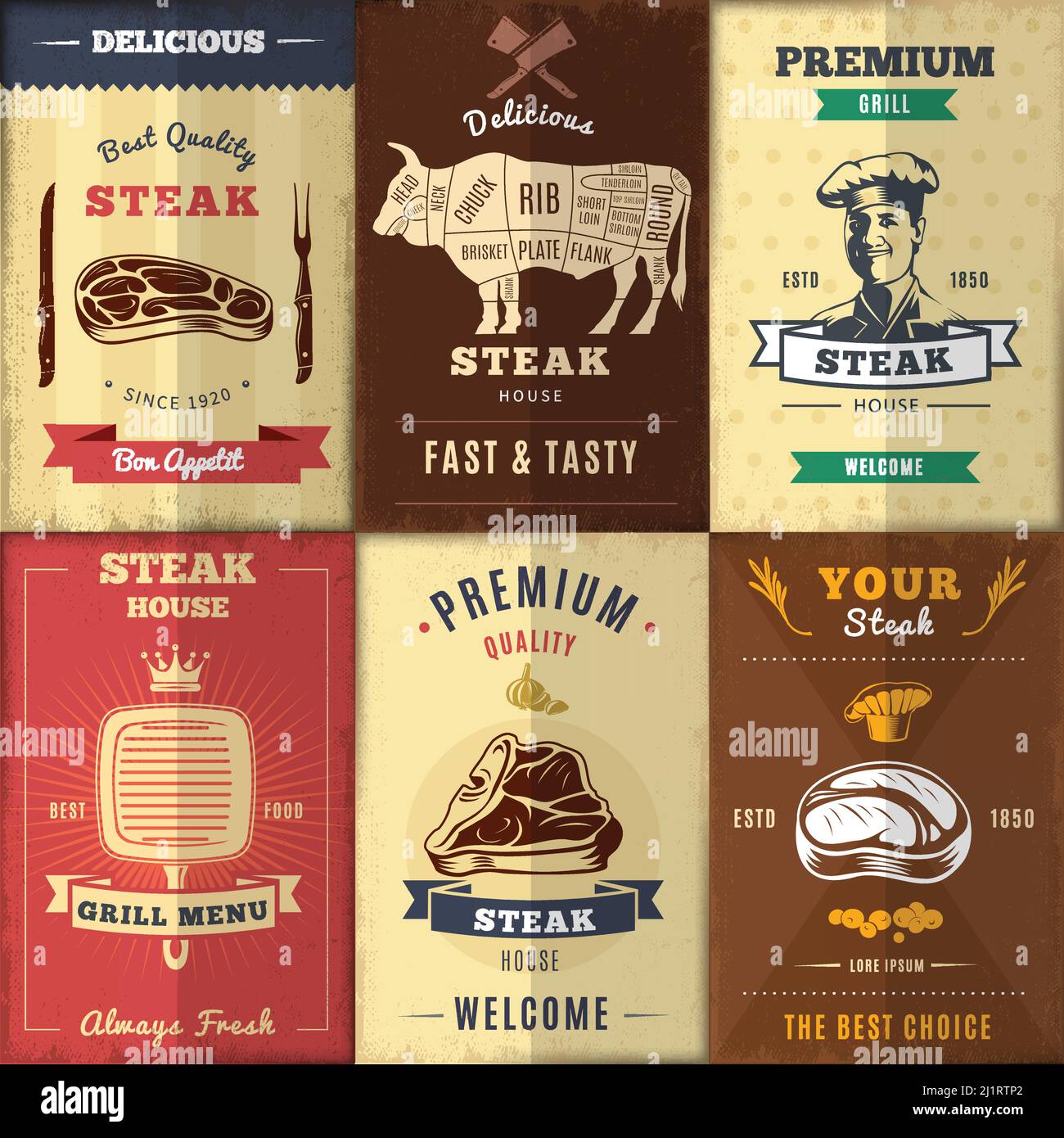 Vintage steak house posters set with meat menu grilled dishes bull and ...