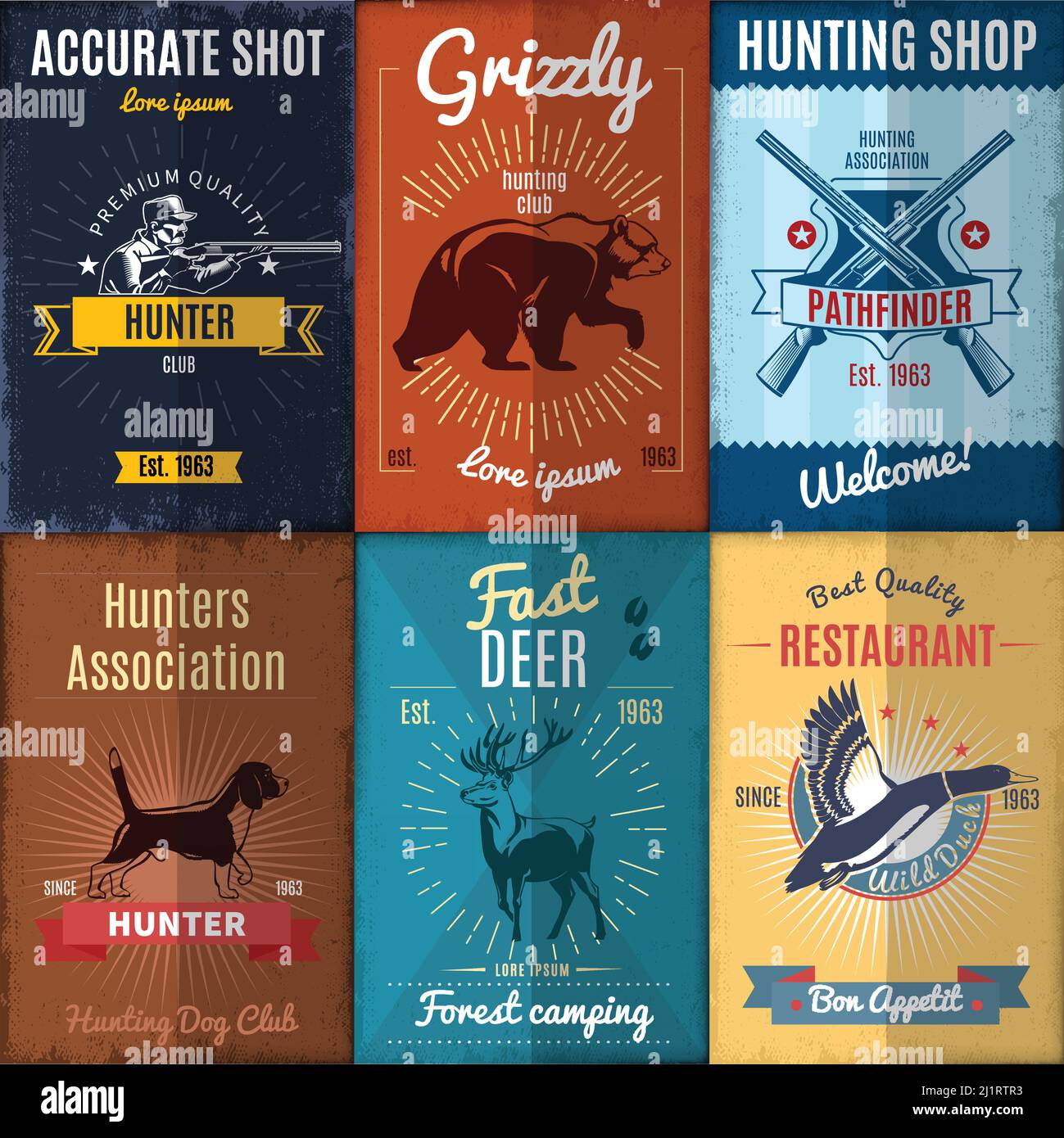 Vintage hunting posters collection with wild animals dog cross guns and ...