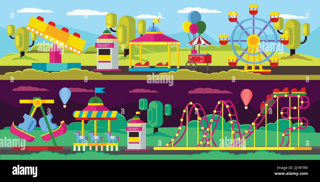 Amusement park horizontal banners with ticket windows booth ferris ...