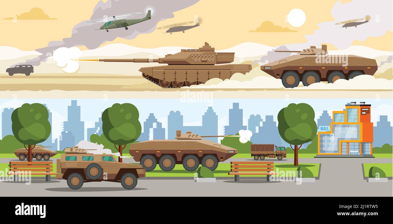 Military equipment horizontal banners with ground battle machines and ...
