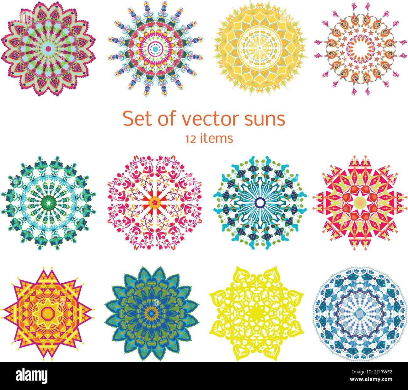Colorful ornamental decorative summer suns set of different colors and ...