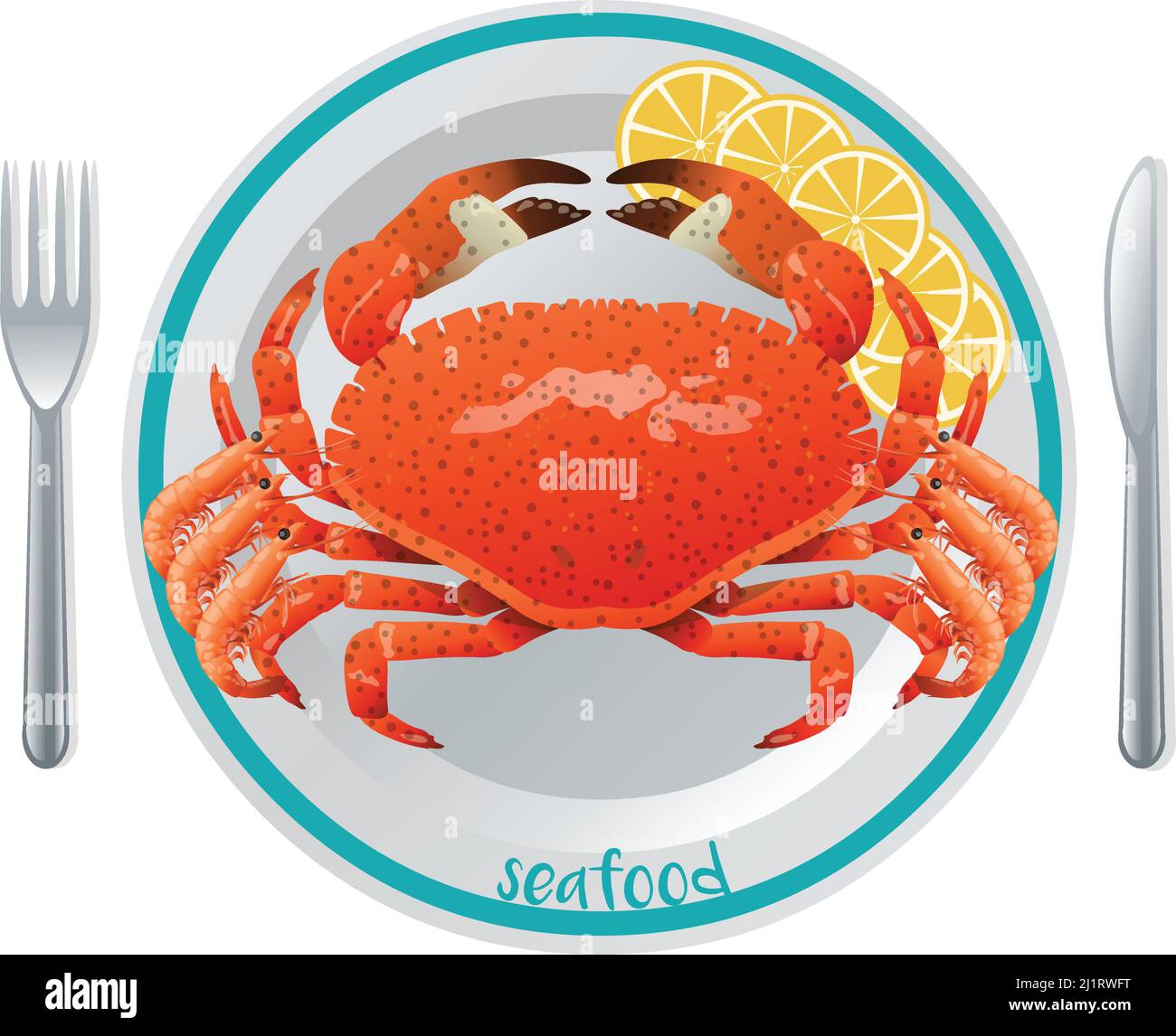 Cartoon seafood meal concept with crab lemon slices on plate fork and ...