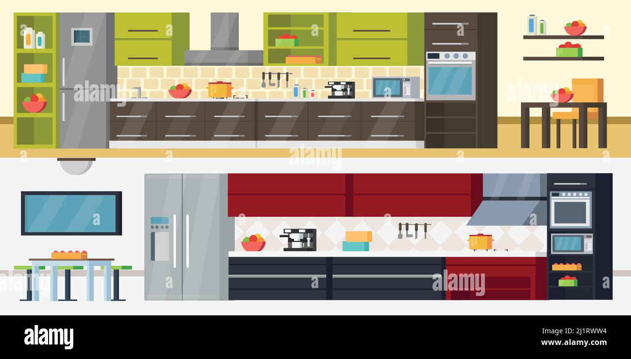 Modern kitchen horizontal banners with furniture appliances and ...
