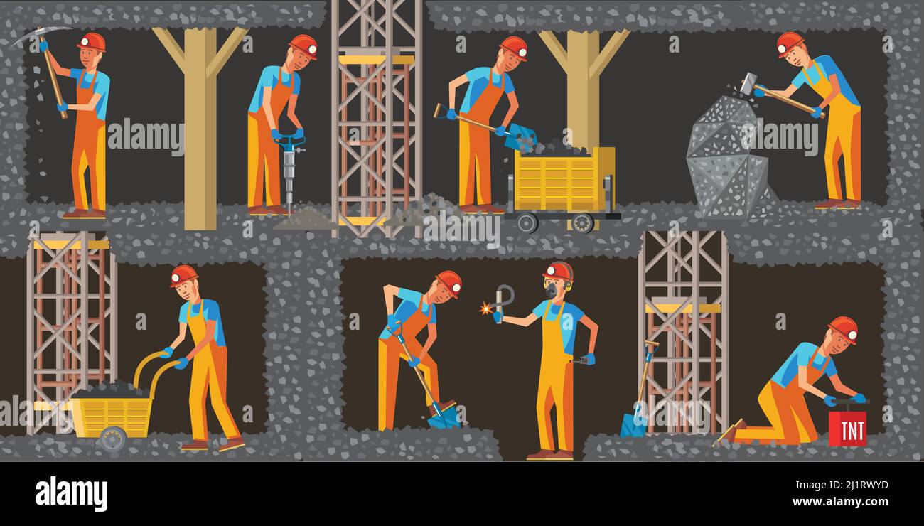 Coal extraction industry horizontal banners with working miners ...