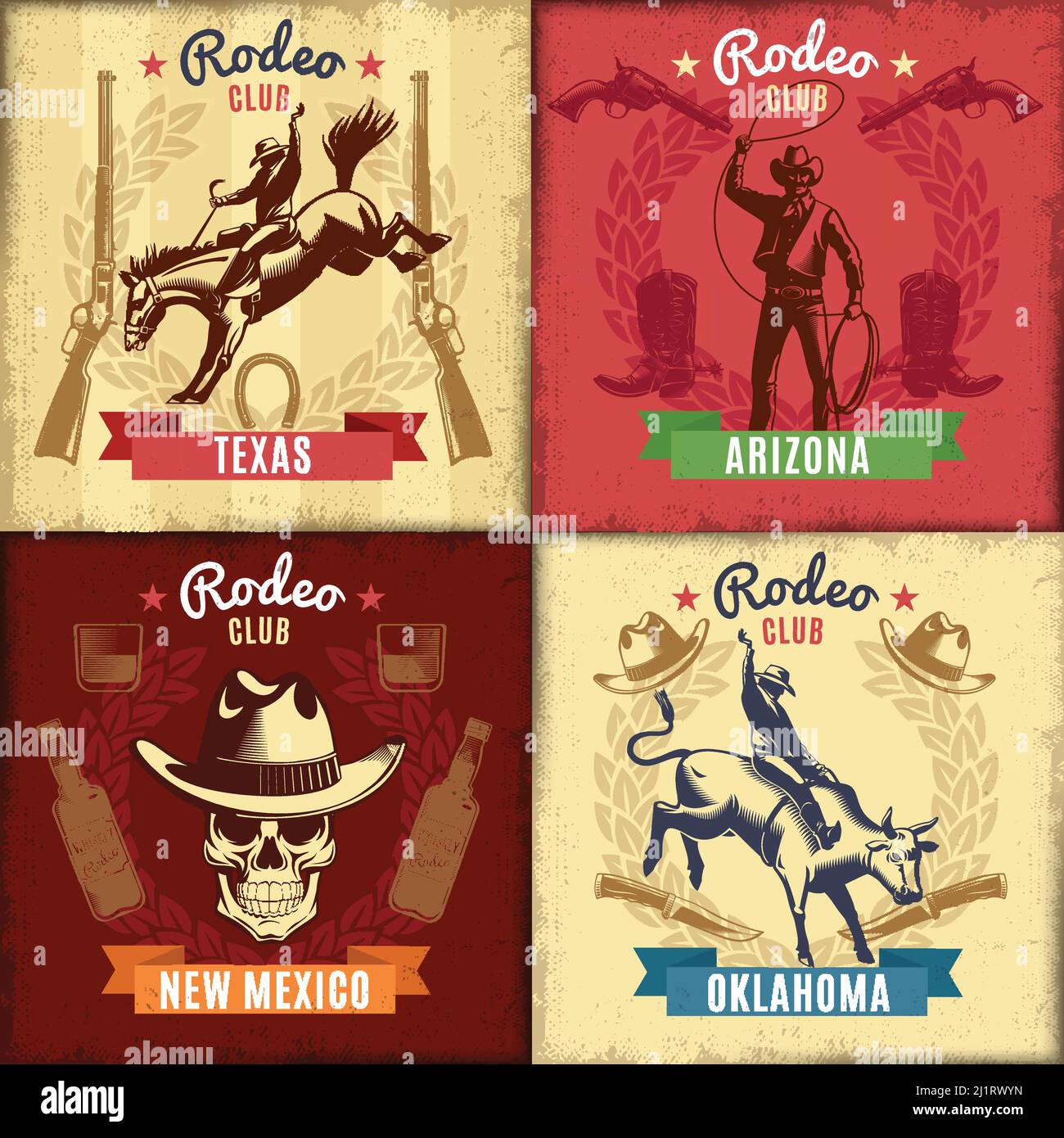 Vintage wild west emblems with cowboy riding animals skull weapon and ...