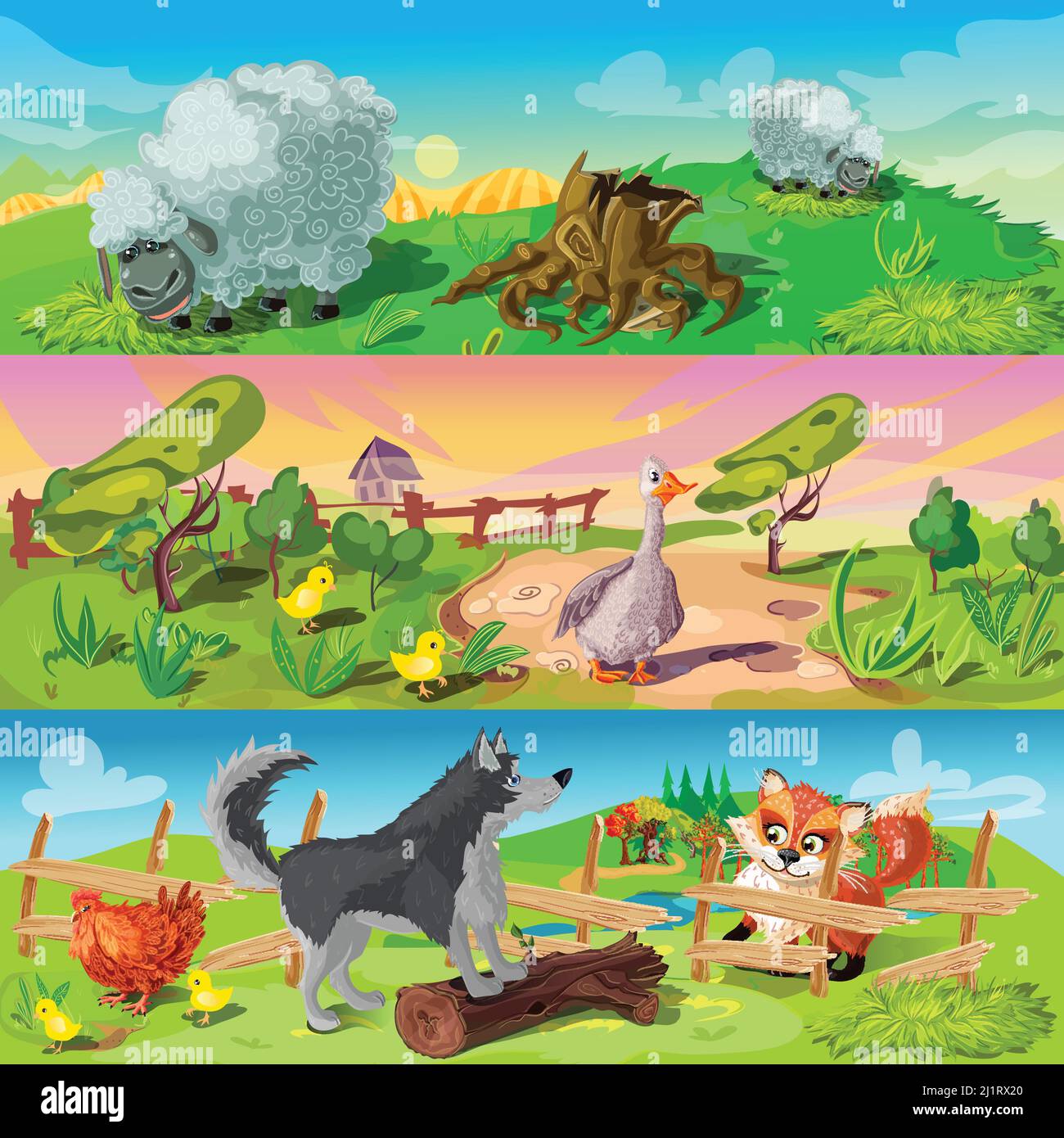 Cartoon animals three horizontal banners set with sheeps in field fowl ...