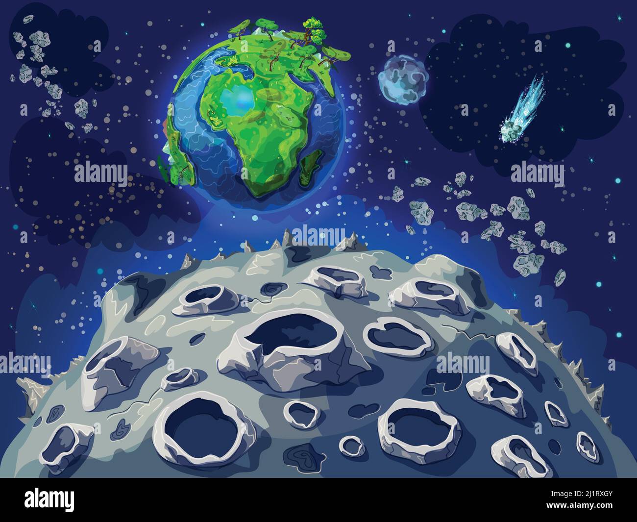 Cartoon colorful space landscape template with moon surface Earth globe ...