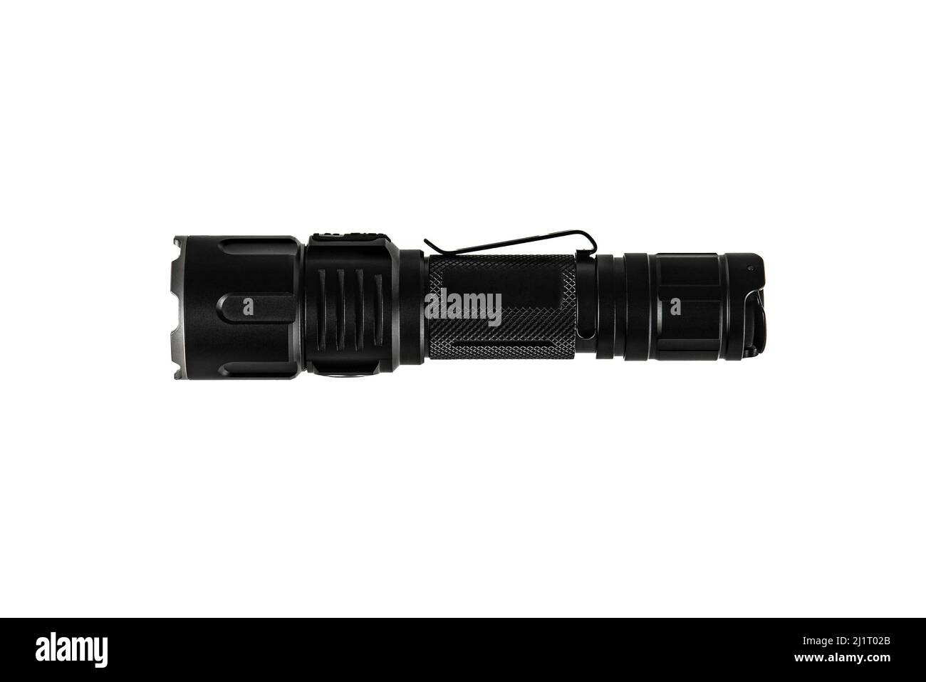 Black metal LED flashlight isolate on a white background. Pocket lamp ...