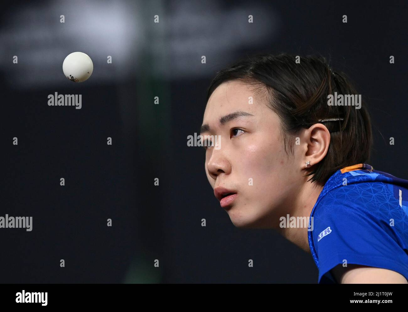 Doha, Qatar. 27th Mar, 2022. Kim Hayeong of South Korea serves during the women's singles round ...