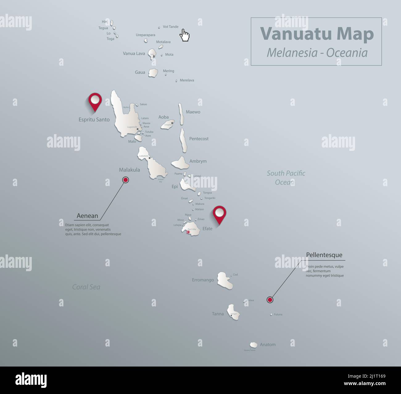 Vanuatu map, islands with names and city, blue white card paper 3D ...