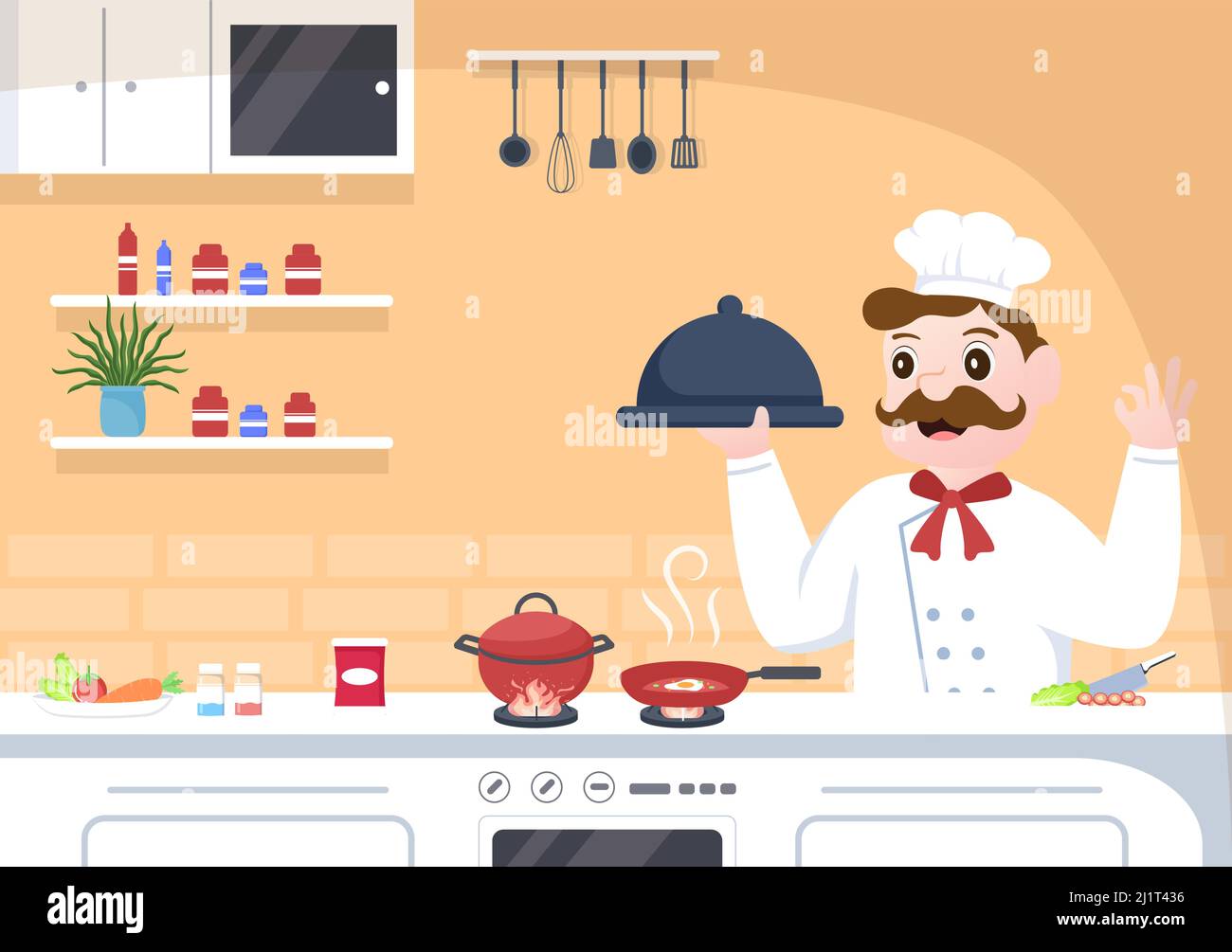 Professional Chef Cartoon Character Cooking Illustration with Different ...