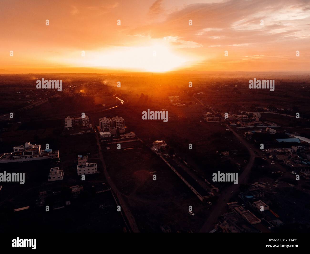 An aerial view of the city under dawn sky at an epic sunrise Stock ...