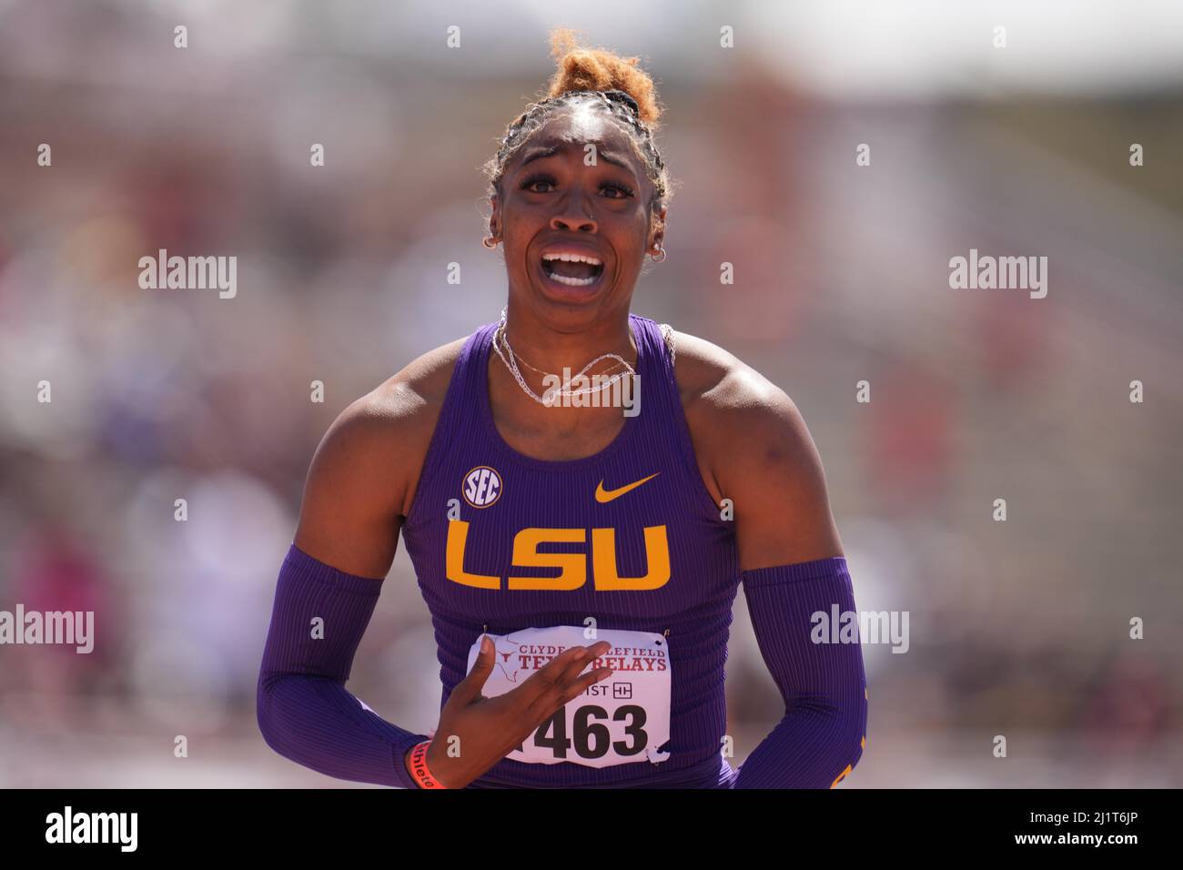 Alia Armstrong of LSU celebrates after winning the women's 100m hurdles ...