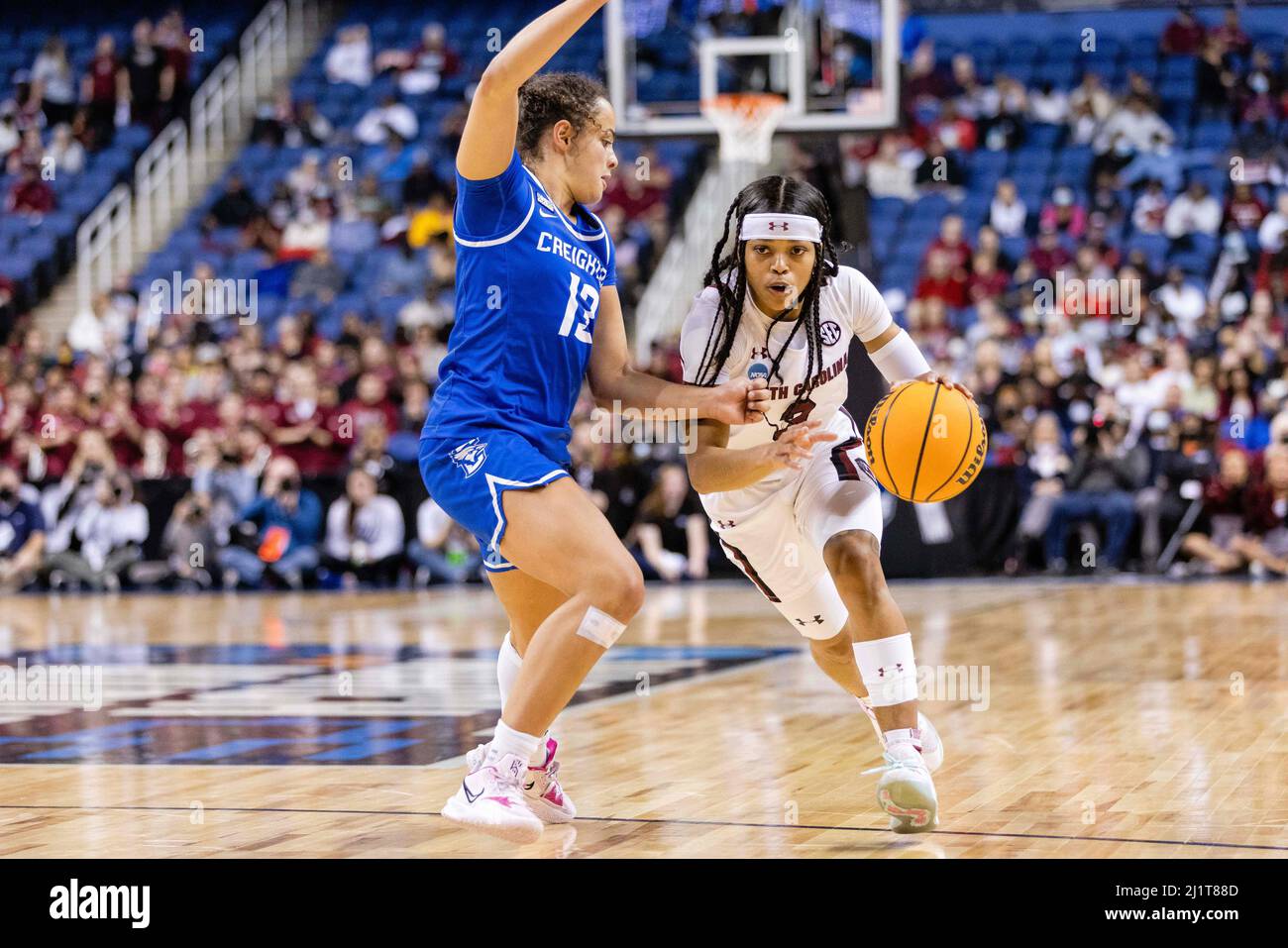 March 27, 2022: Creighton Bluejays guard Rachael Saunders (13) guards ...