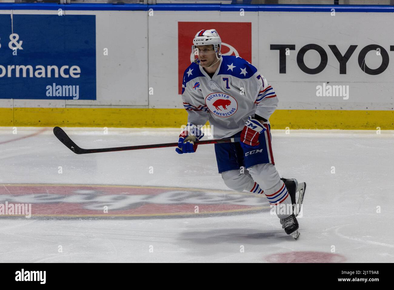 March 27, 2022: Rochester Americans defenseman Ethan Prow (7) skates in ...