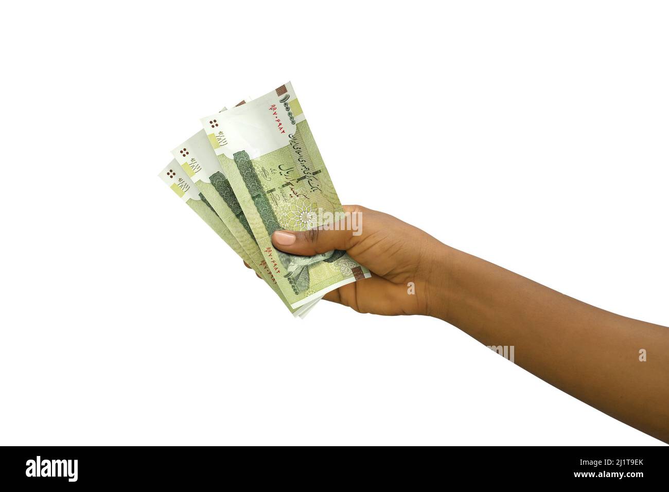 Fair hand holding 3D rendered 100000 Iranian rial notes isolated on ...