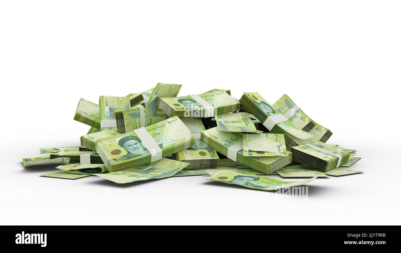 3D Stack of 10000 Iran Rial notes isolated on white background Stock ...