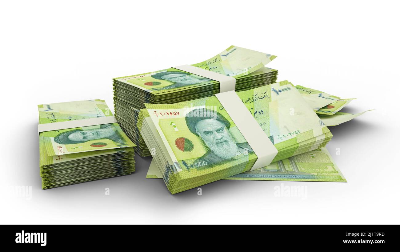 3D Stack of Iran Rial notes isolated on white background Stock Photo ...