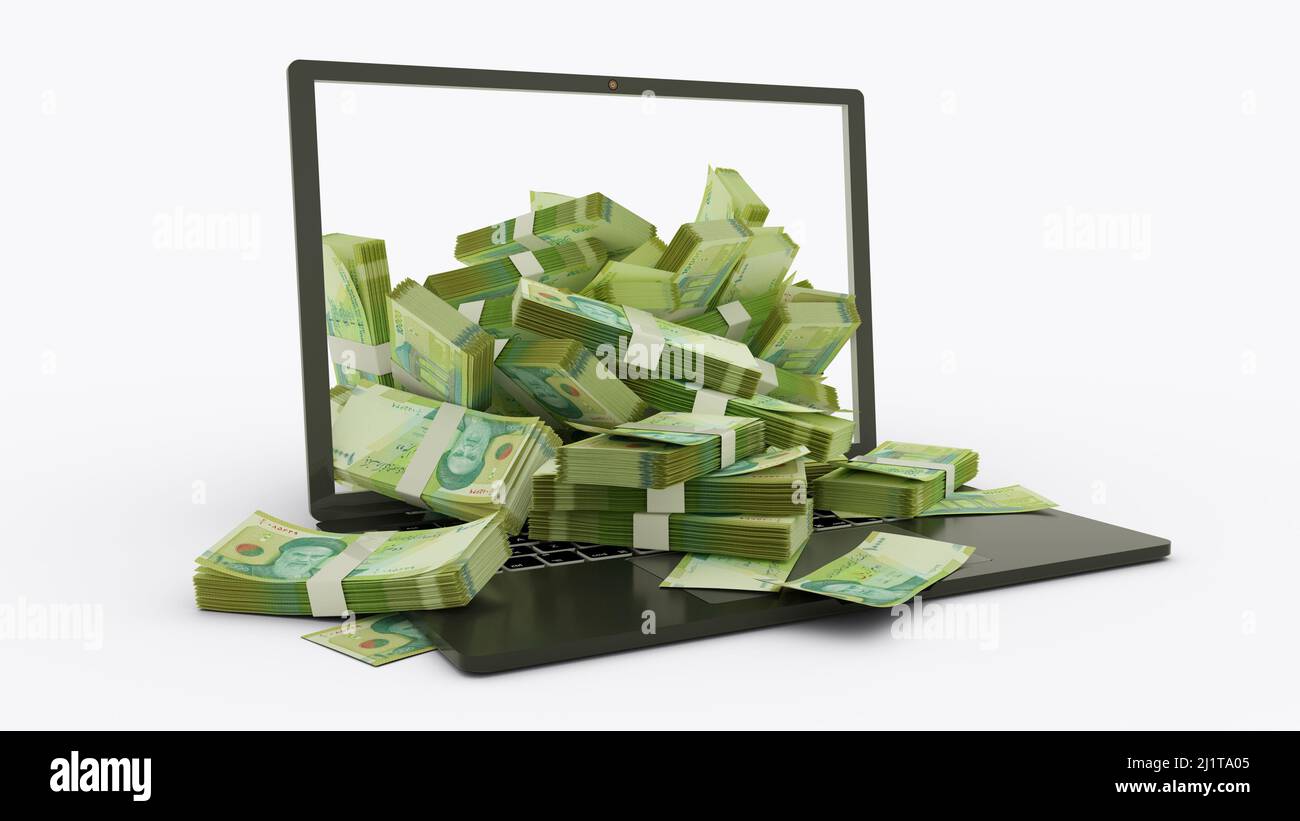 3D rendering of 10000 Iranian rial notes coming out of a Laptop monitor ...