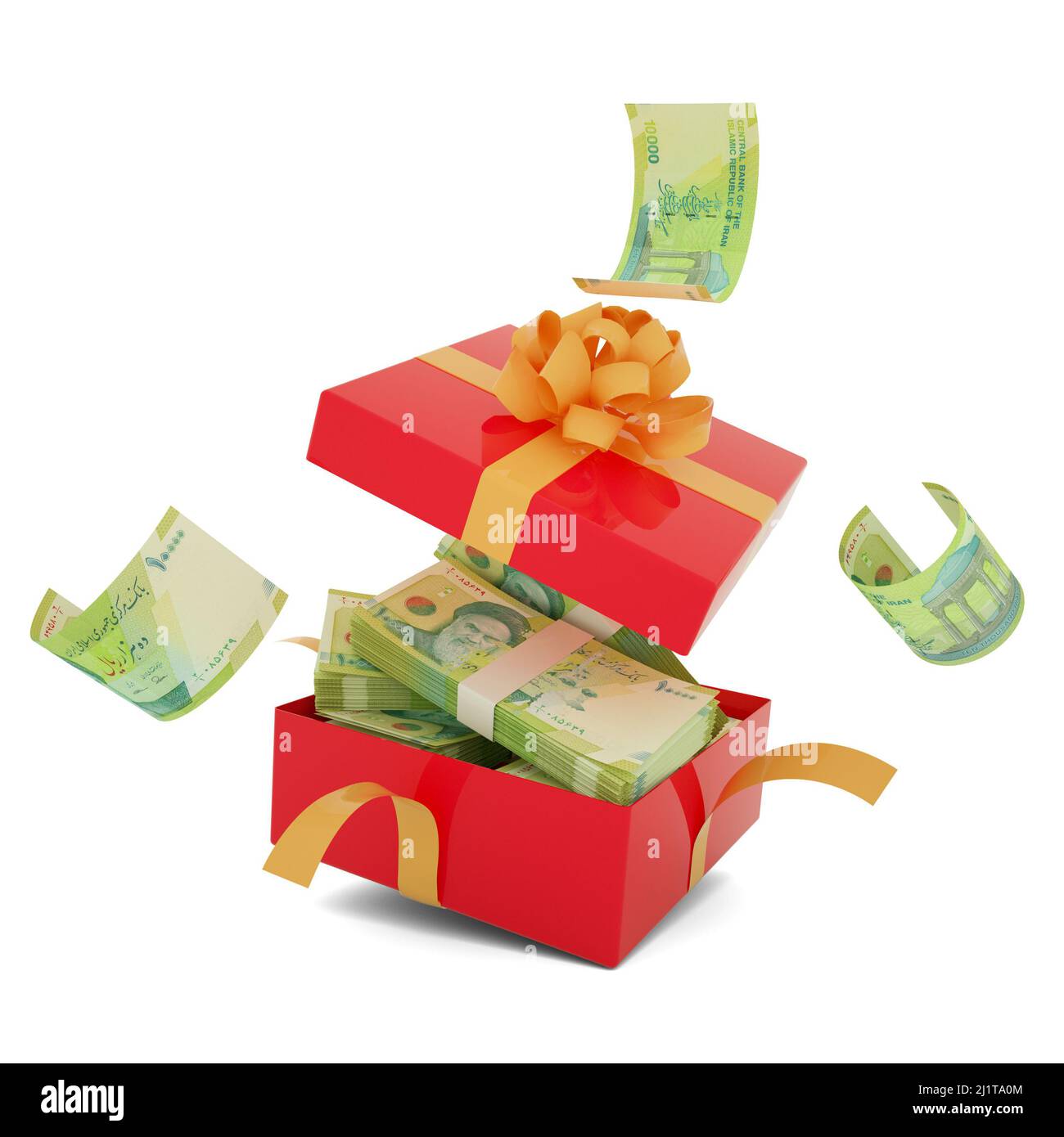 10000 Iranian rial notes inside an open red gift box. Iranian rial ...