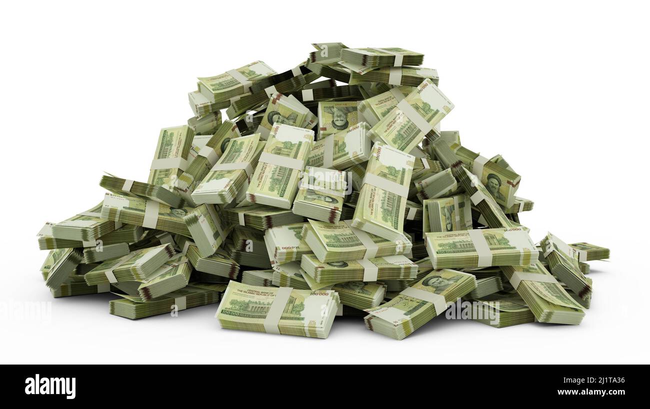 Big pile of 100000 Iranian rial notes a lot of money over white ...