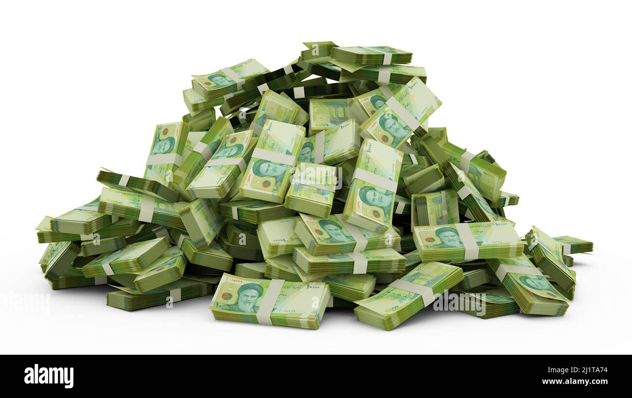 Big pile of 10000 Iranian rial notes a lot of money over white ...