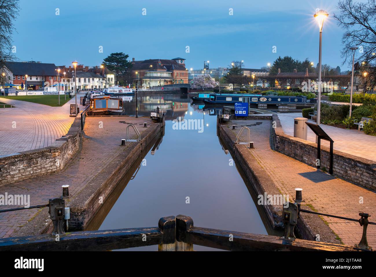 Bancroft canal basin on the river avon at dawn in the spring. Stratford ...