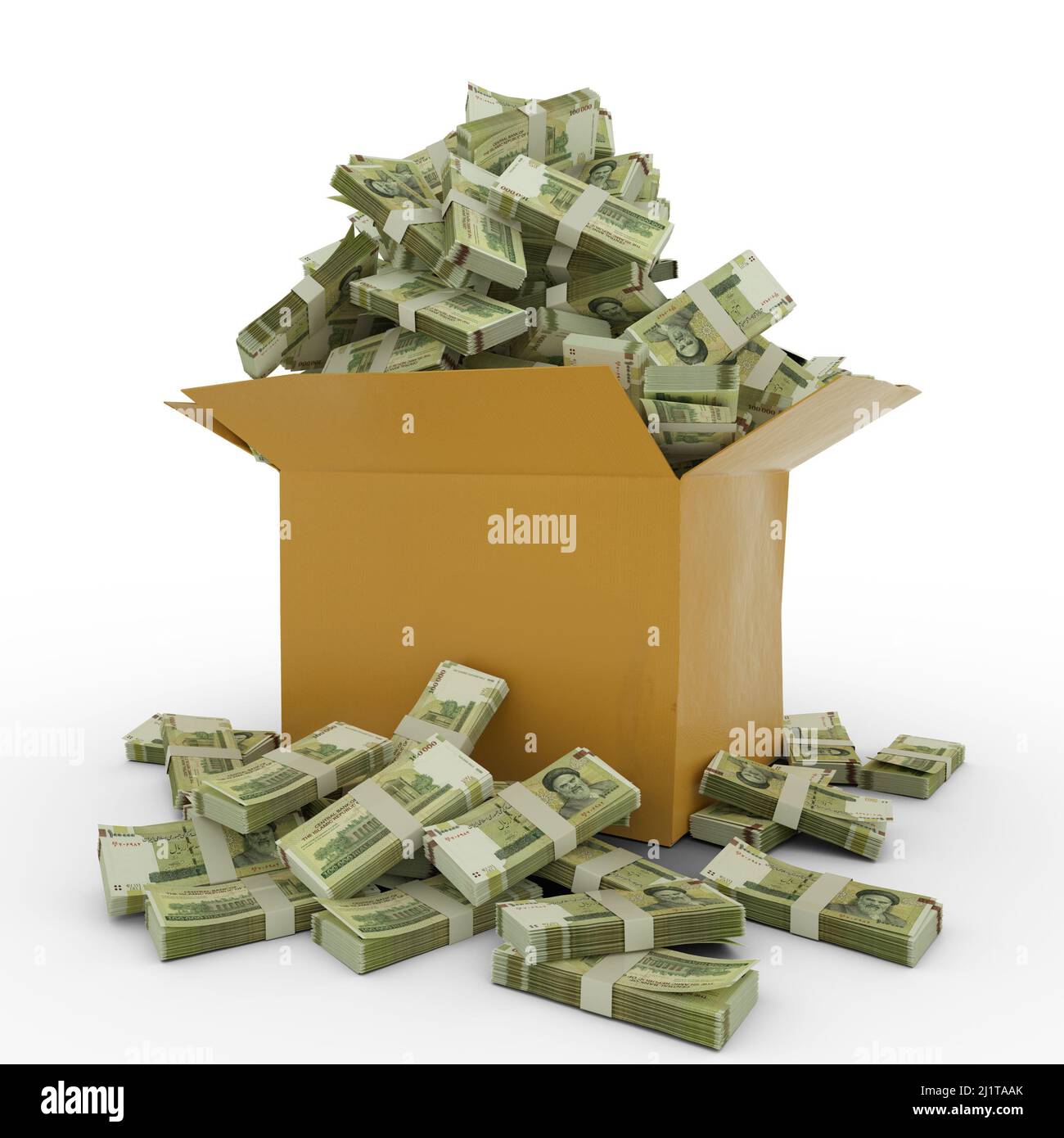 3d rendering of cardboard box full of 100000 Iranian rial notes ...