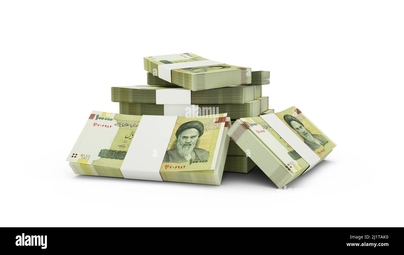 3d rendering of Stack of 100000 Iranian rial notes. bundles of Iranian ...