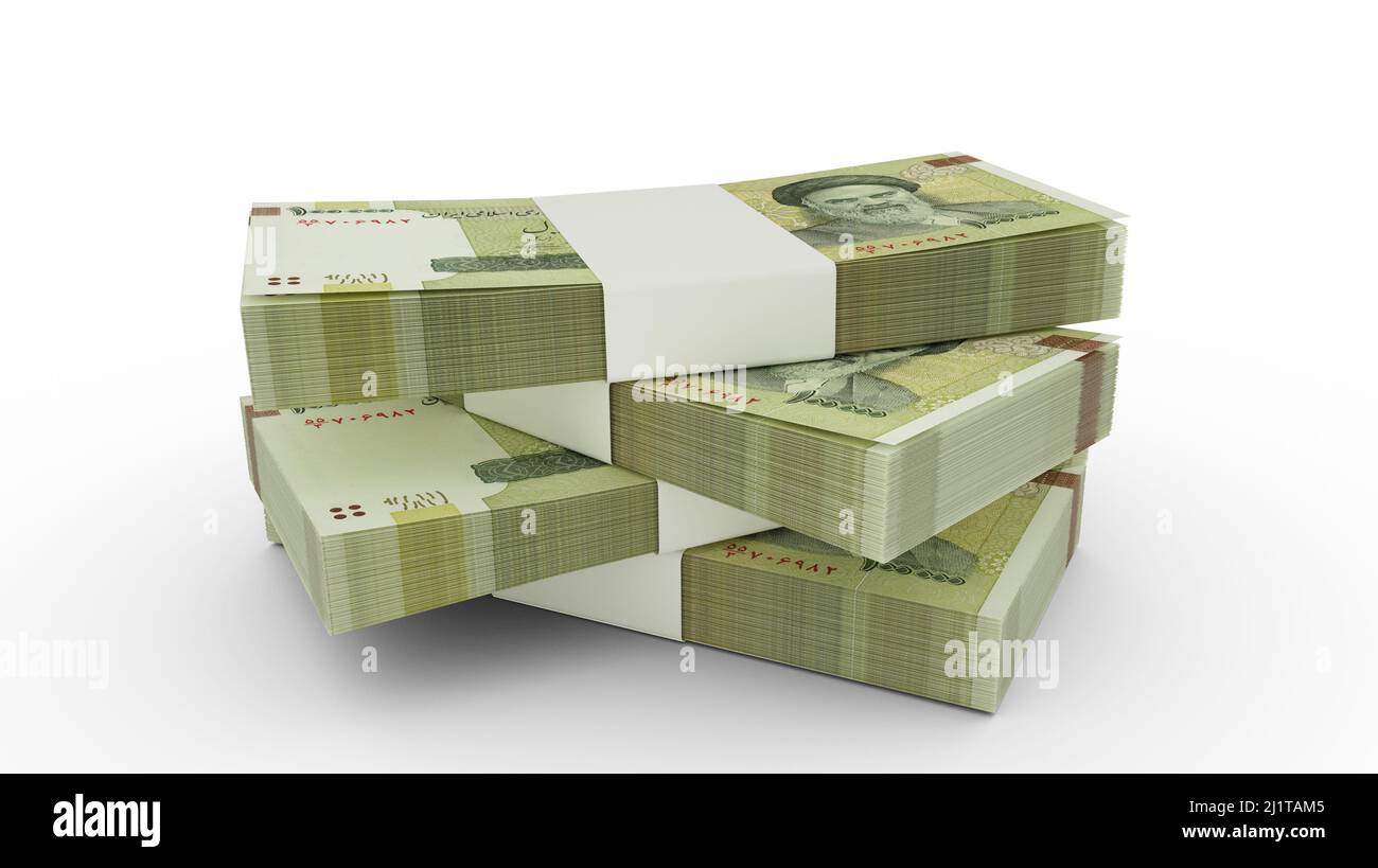 3d rendering of Stack of 100000 Iranian rial notes. Few bundles of rial ...