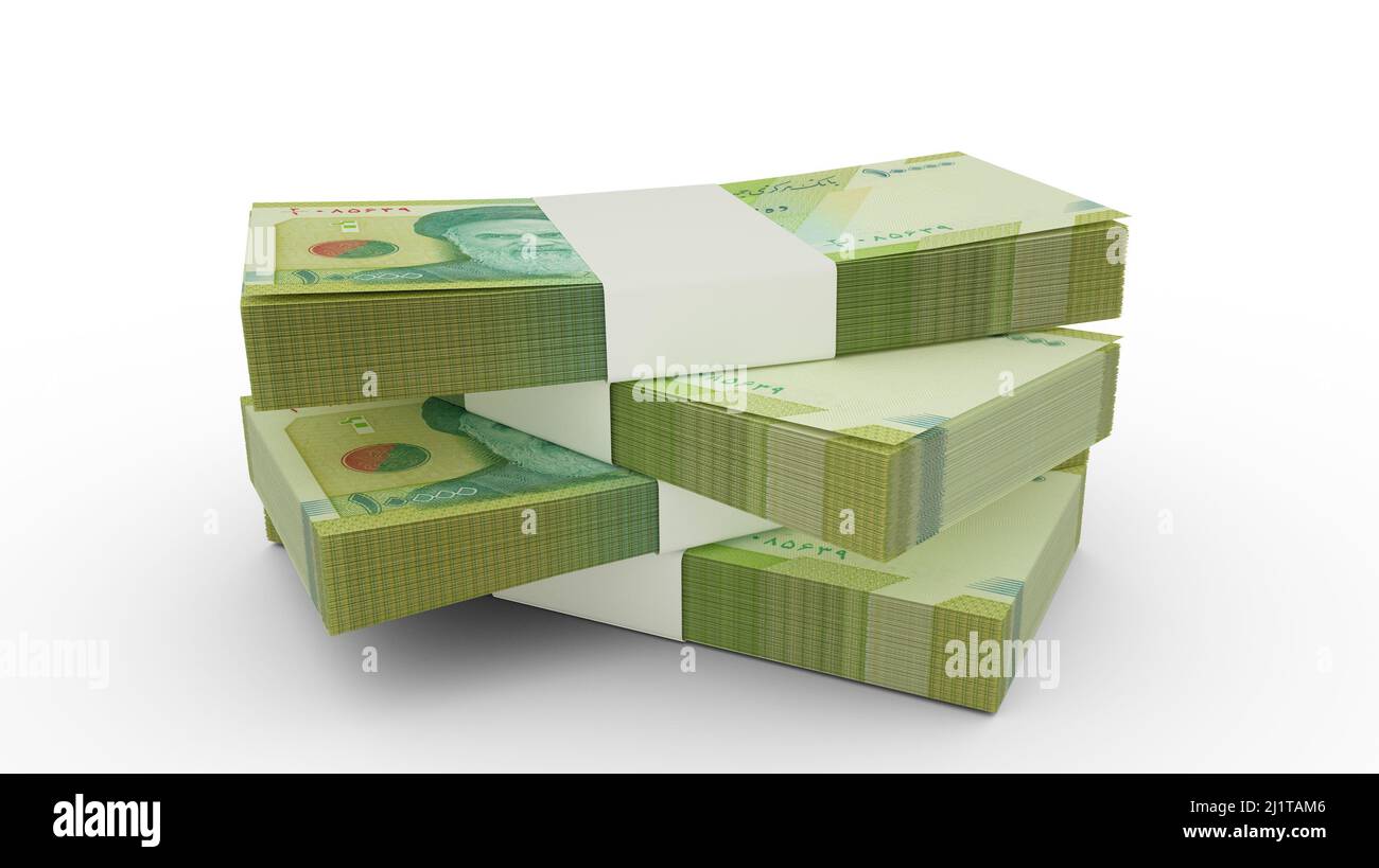 3d rendering of Stack of 10000 Iranian rial notes. Few bundles of ...