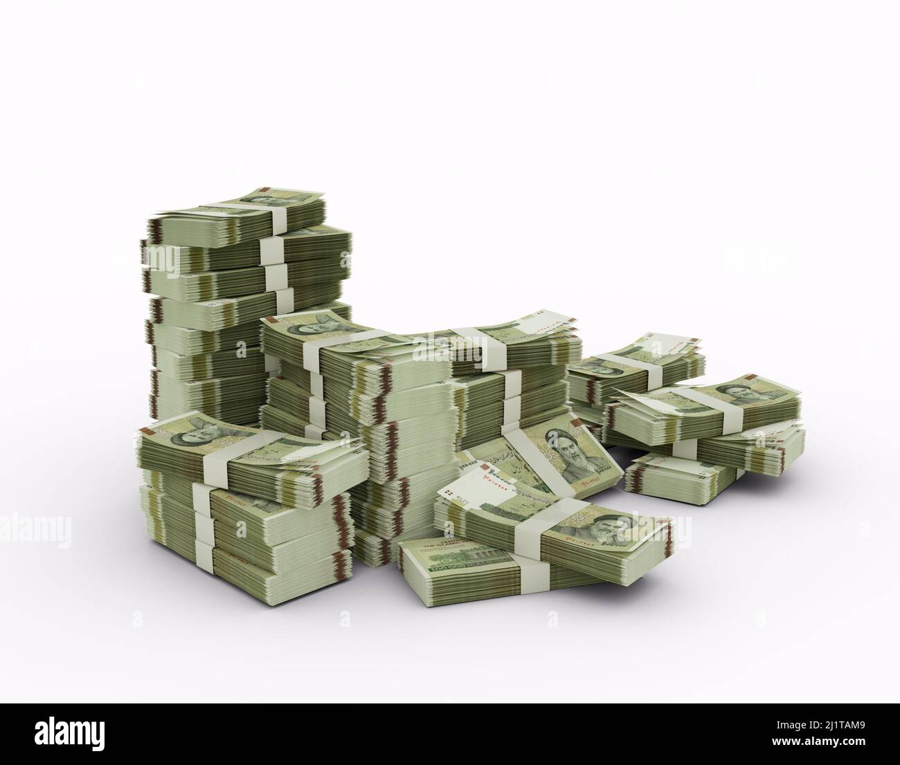 Stack of 100000 Iranian rial notes. 3d rendering of bundles of money ...