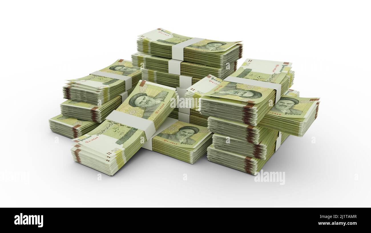 Stack of 100000 Iranian rial notes. 3D rendering of bundles of ...