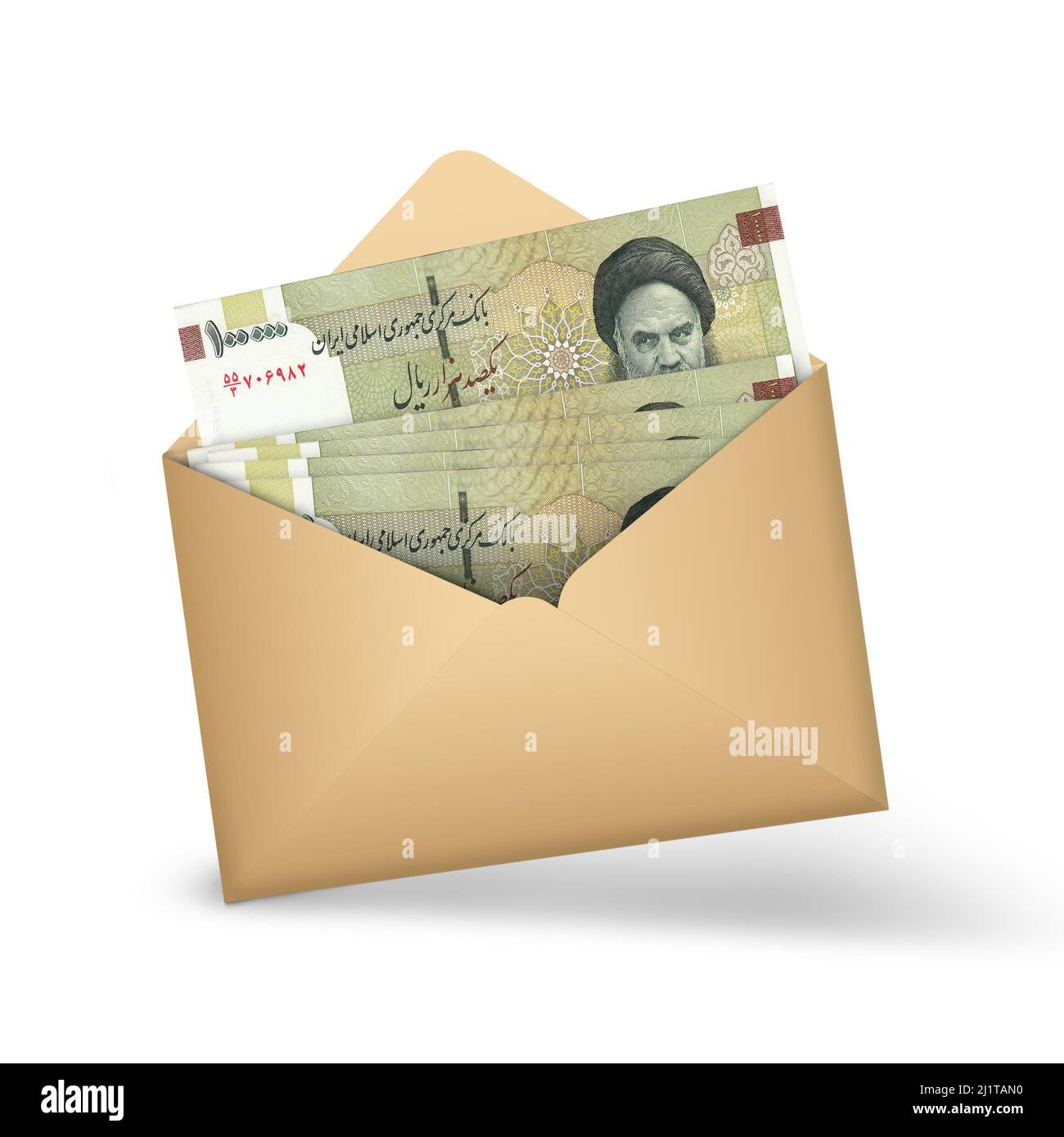 100000 Iranian rial notes inside an open brown envelope. 3D ...