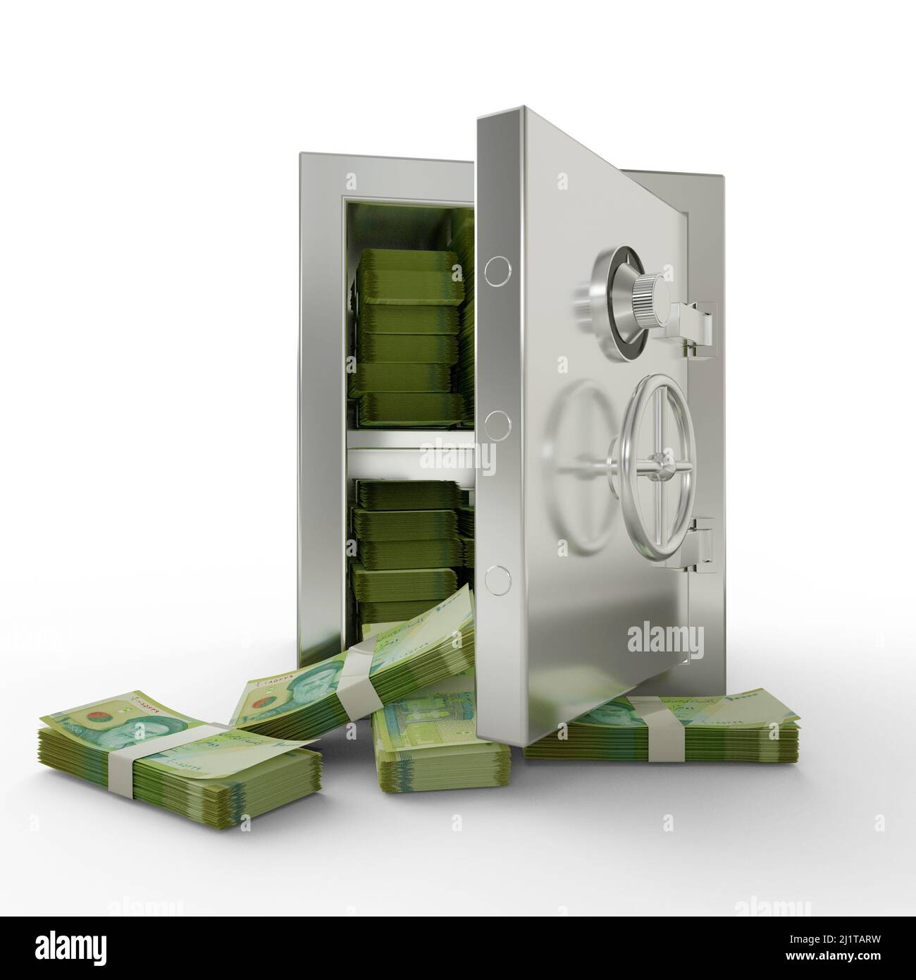 Bundles of 10000 Iranian rial in Steel safe box. 3D rendering of stacks ...