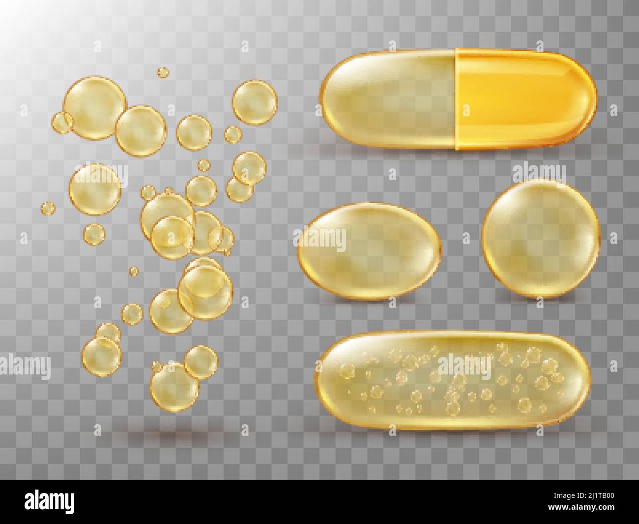 Capsules with oil, gold round and oval pills and filler bubbles ...