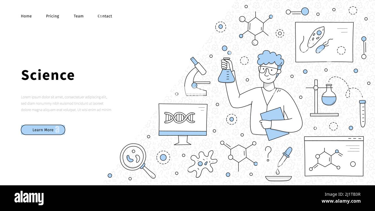 Science banner with man scientist in laboratory. Vector landing page of ...