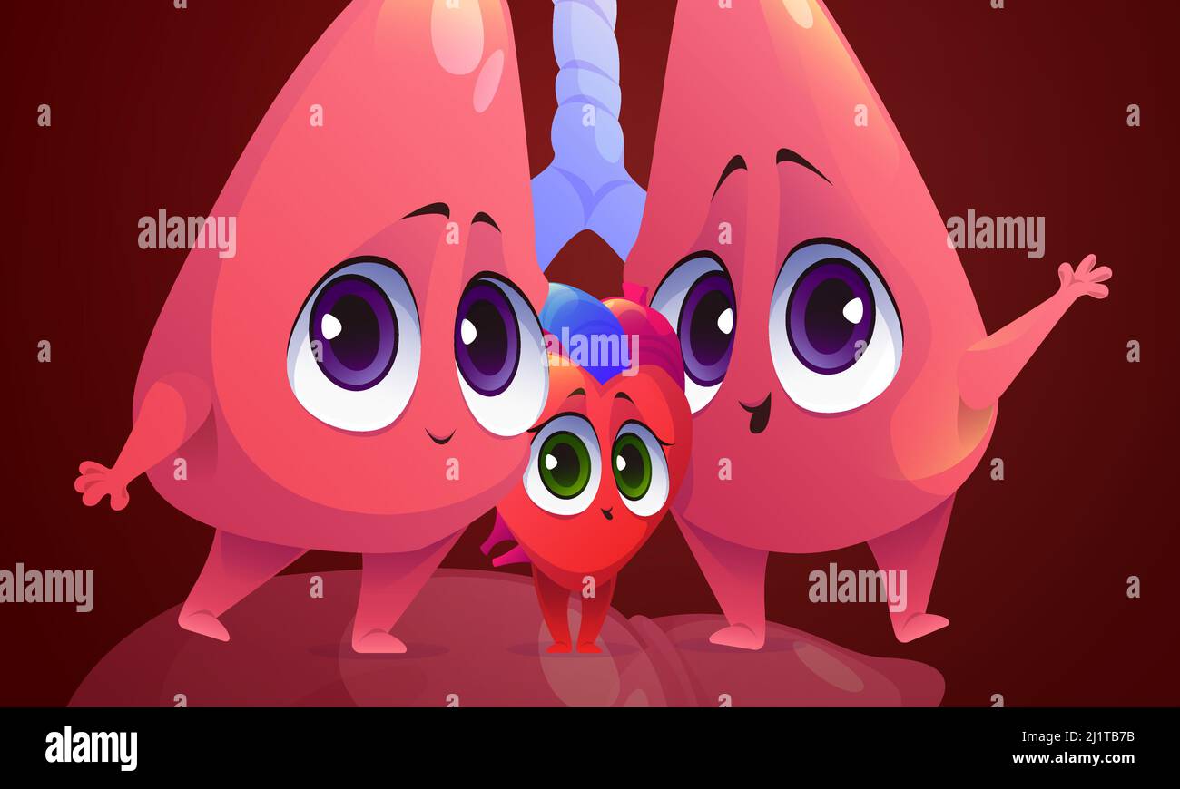 Cute characters of lungs and heart, human internal organs. Vector ...