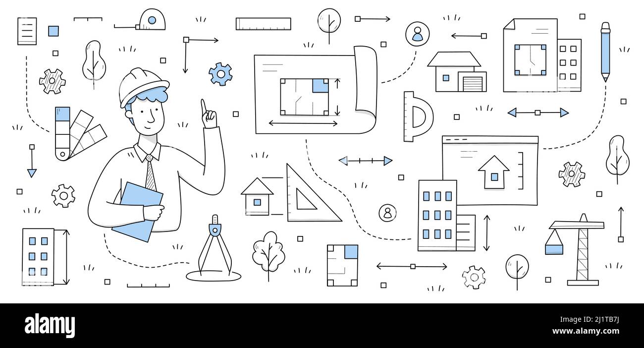 Man Architect In Helmet House Project Blueprint Crane Measure Tools Vector Hand Drawn
