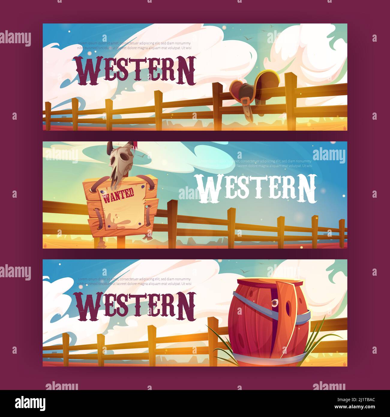 Western cartoon banners. Wanted sign with animal skull, horse saddle ...
