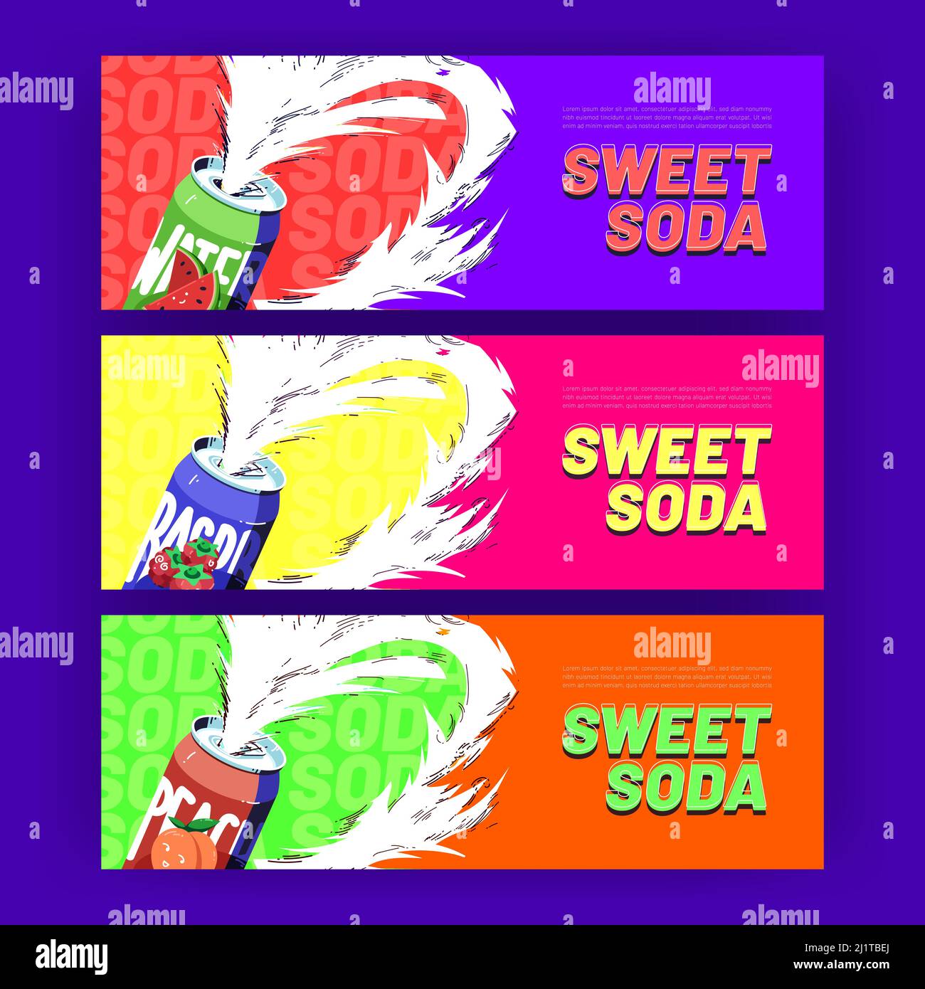 Sweet soda banners with drink splashing out of tin cans. Cold fresh ...