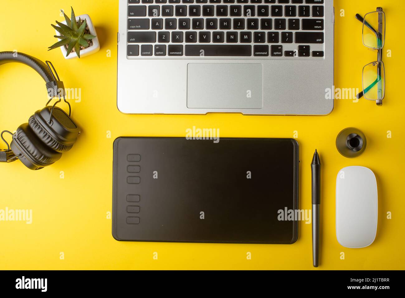 Top view of the workplace designer. Creative designer, graphics tablet ...