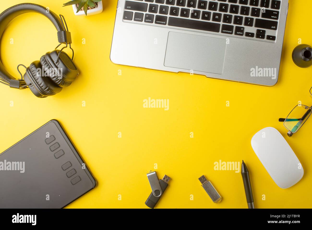 Top view of the workplace designer. Creative designer, graphics tablet ...