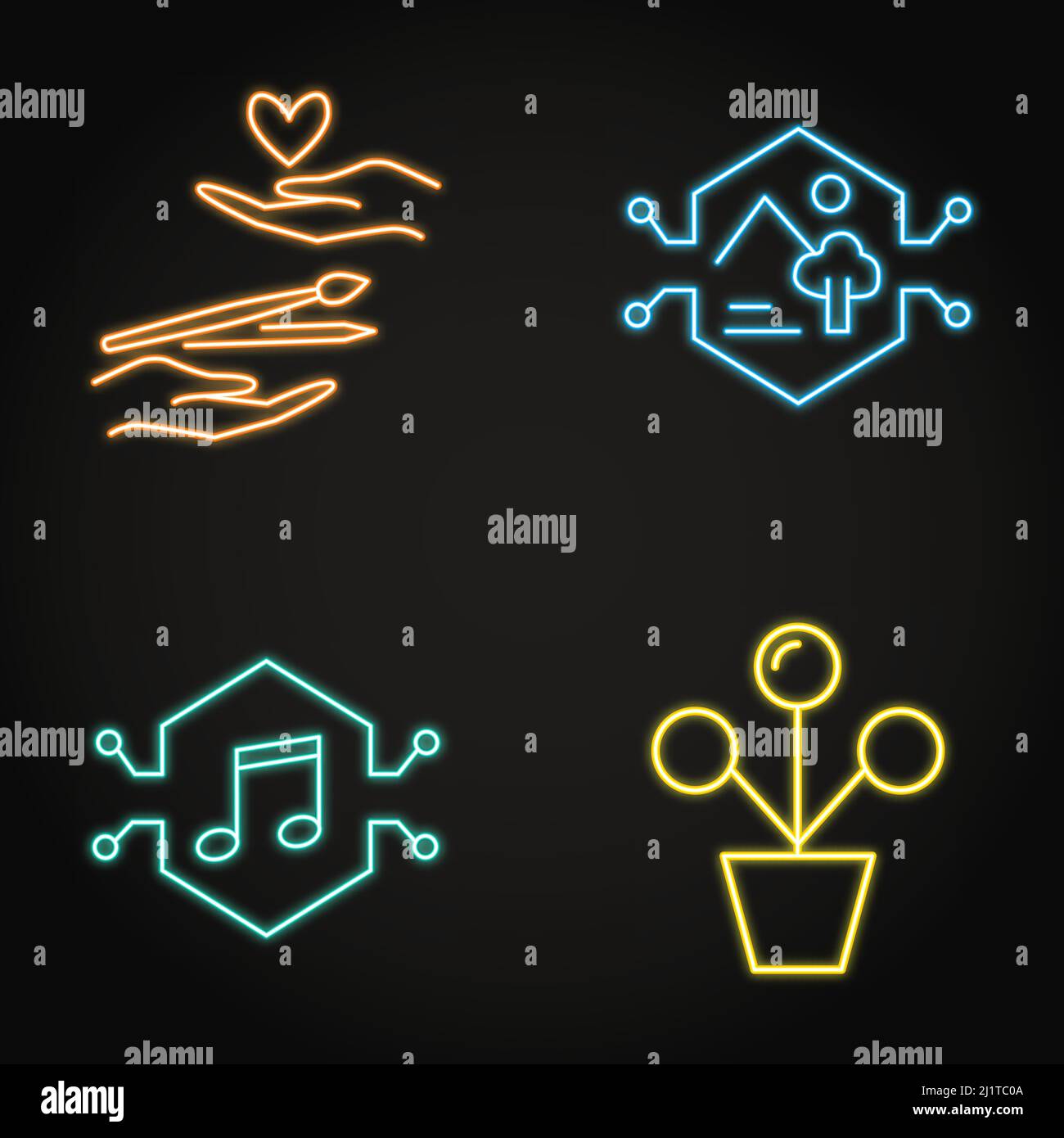 Neon NFT art icon set. Digital artists support, NFT market symbols ...