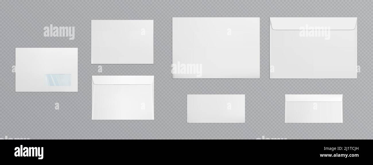 White envelope template. Vector realistic mockup of blank closed envelopes with transparent ...